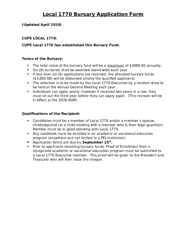 Local 1770 Bursary Application - 1770 cupe Doc Template | pdfFiller