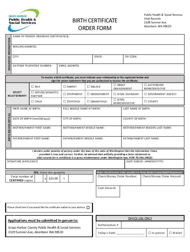 Fillable Online Certified Birth Certificate Order Form - Cowlitz County ...