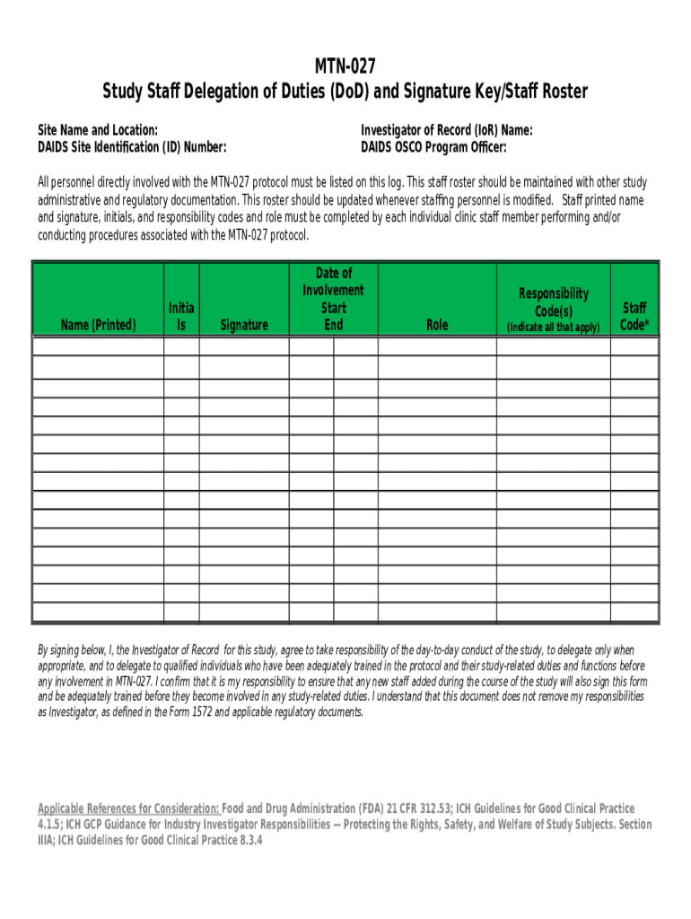 Site Staff List and Delegation of Duties/Staff Roster Doc Template ...