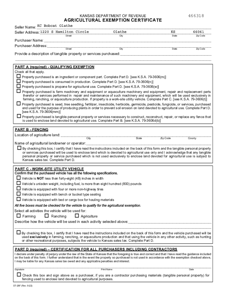 Fillable Online ST-28F Agricultural Exemption Certificate Rev. 8-22.pdf ...