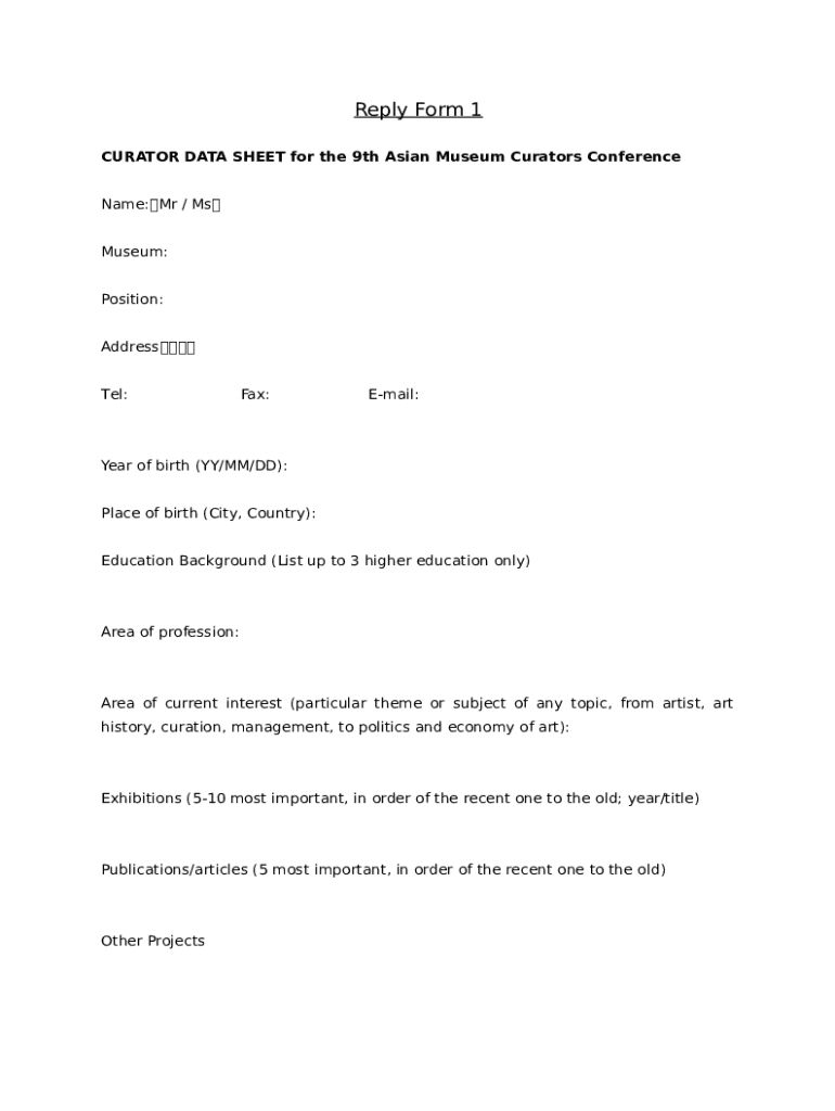 CURATOR DATA SHEET for the 3rd Asian Museum Curators Conference Doc ...