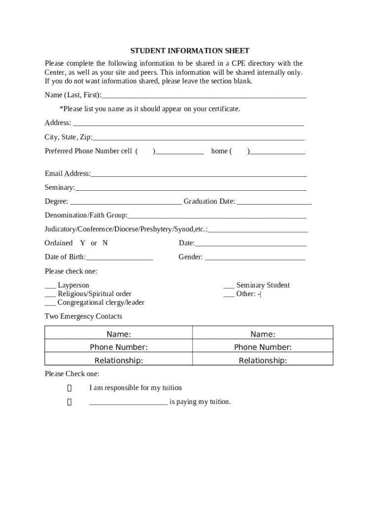 Student Directory Ination Sheet Doc Template | pdfFiller