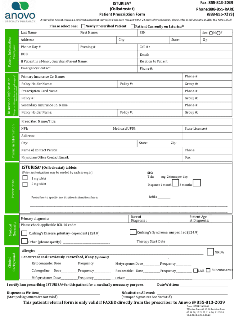 Fillable Online ISTURISA (Osilodrostat) Patient Prescription Form Fax ...