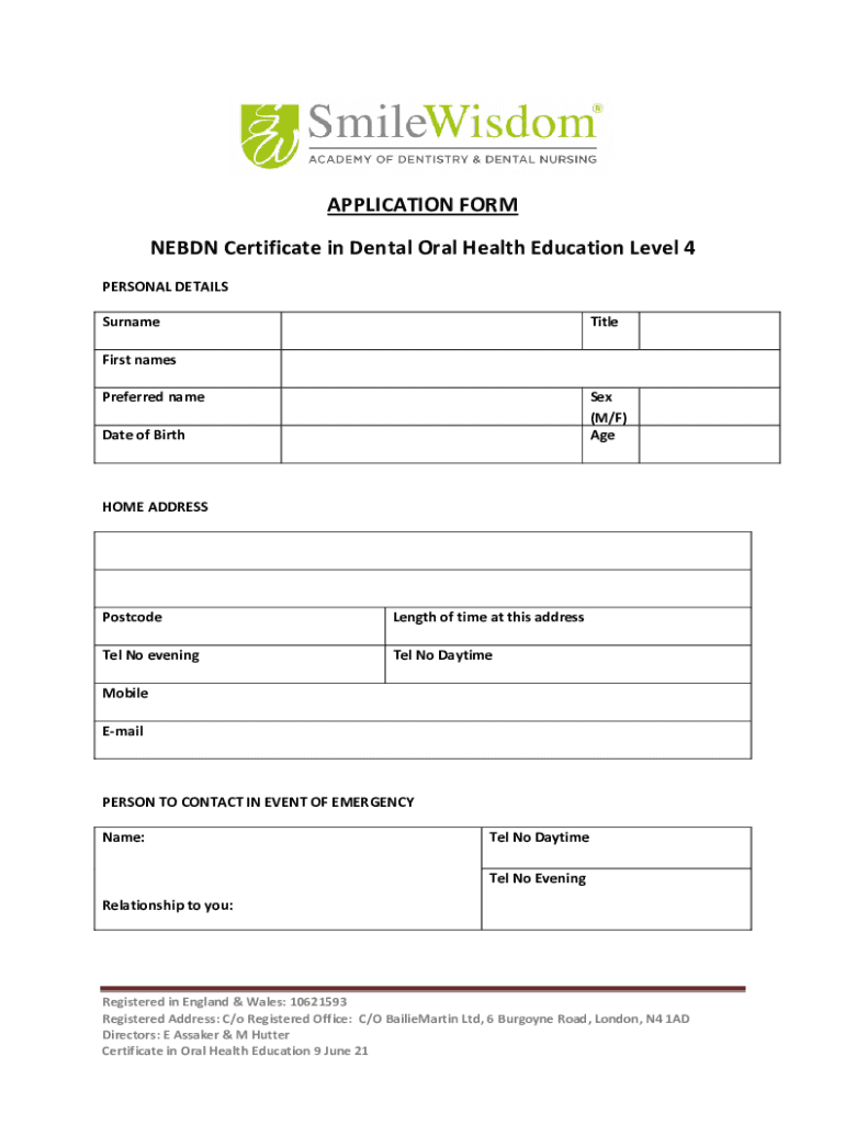 Fillable Online APPLICATION FORM NEBDN Certificate in Dental Oral ...