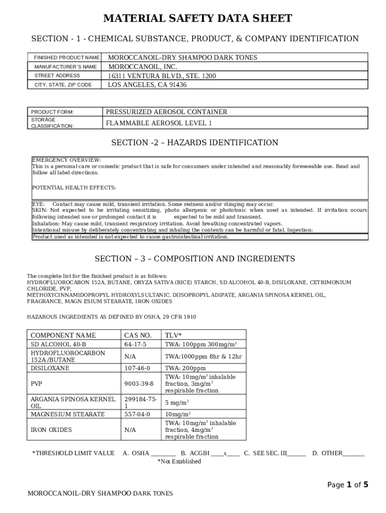 CCA INDUSTRIES MSDS. MSDS Doc Template | pdfFiller