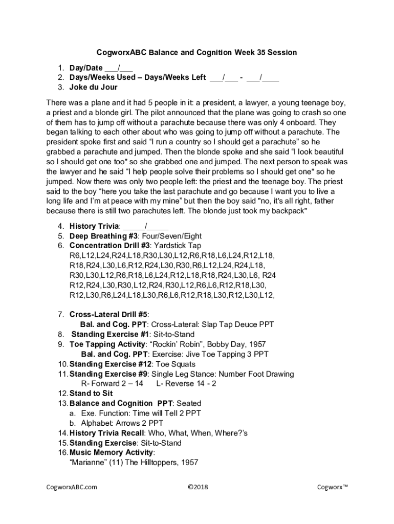 Fillable Online Cogworx Balance and Cognition Week 15 Session 1. Day/Date Fax Email Print ...