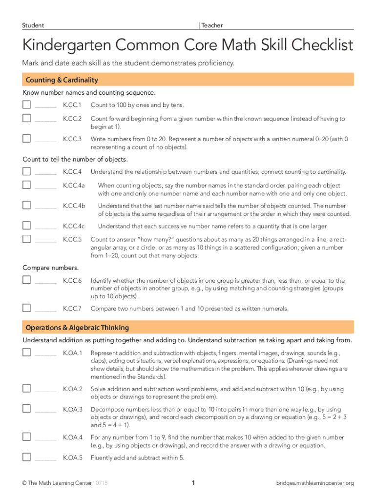 Fillable Online Kindergarten Common Core Math Skill Checklist Fax Email ...