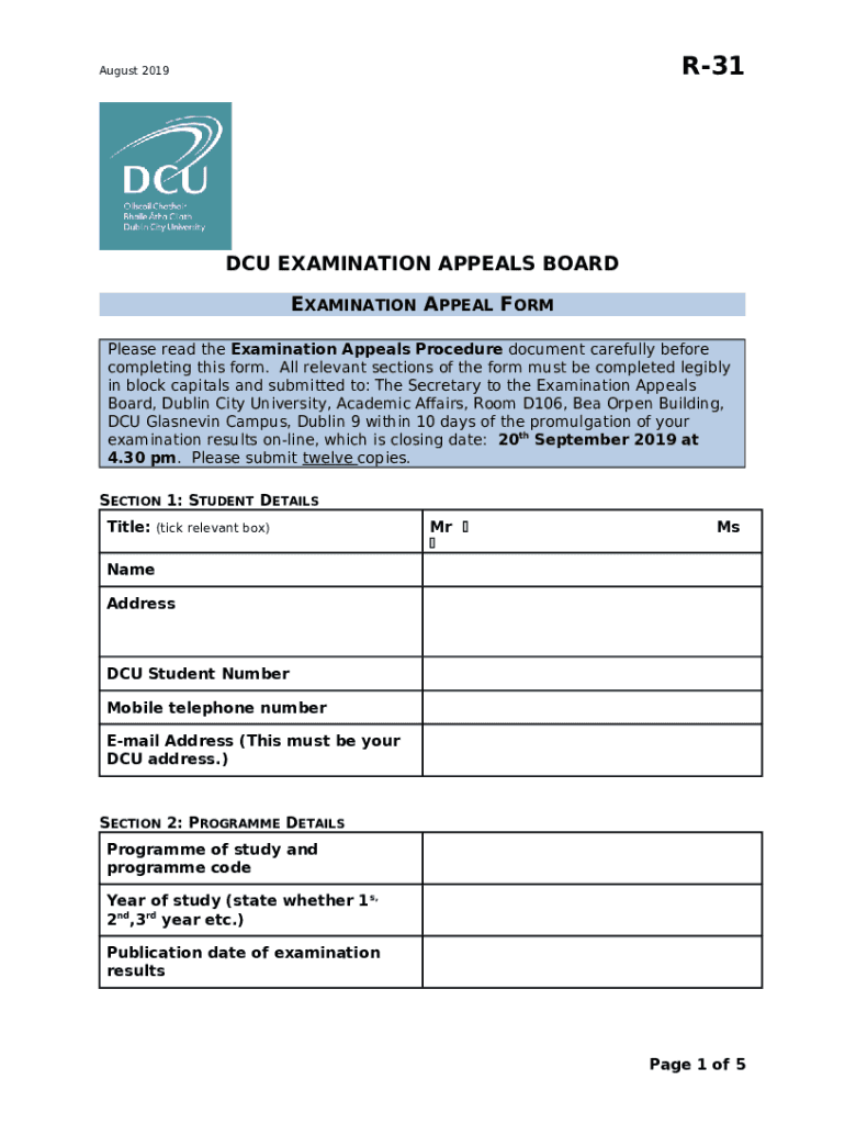 Online dcu Examination Appeal - Dublin City ... Doc Template | pdfFiller