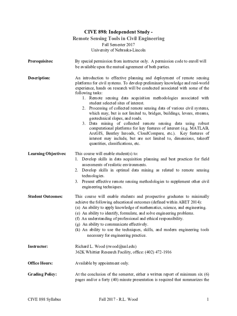Fillable Online CIVE 898: Independent Study - Remote Sensing Tools in Civil ... Fax Email Print ...