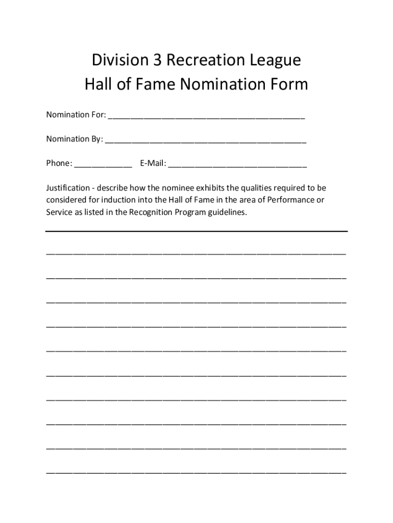 Fillable Online Division 3 Recreation League Hall of Fame Nomination ...
