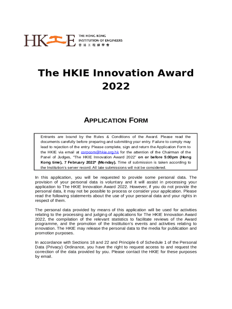 The HKIE Innovation Award 2022 Application Doc Template | pdfFiller