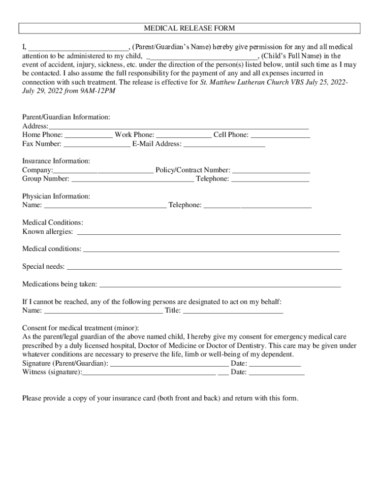 Fillable Online MEDICAL RELEASE FORM I Fax Email Print - pdfFiller