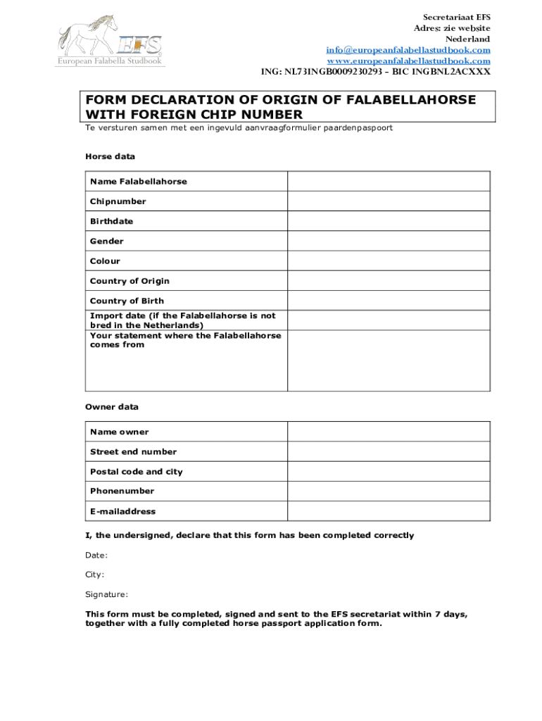 Fillable Online FORM DECLARATION OF ORIGIN OF FALABELLAHORSE WITH ...