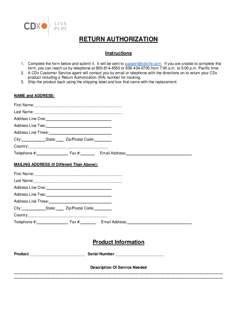 Fillable Online CUSTOMER RETURN MATERIALS AUTHORIZATION (RMA) Fax Email ...