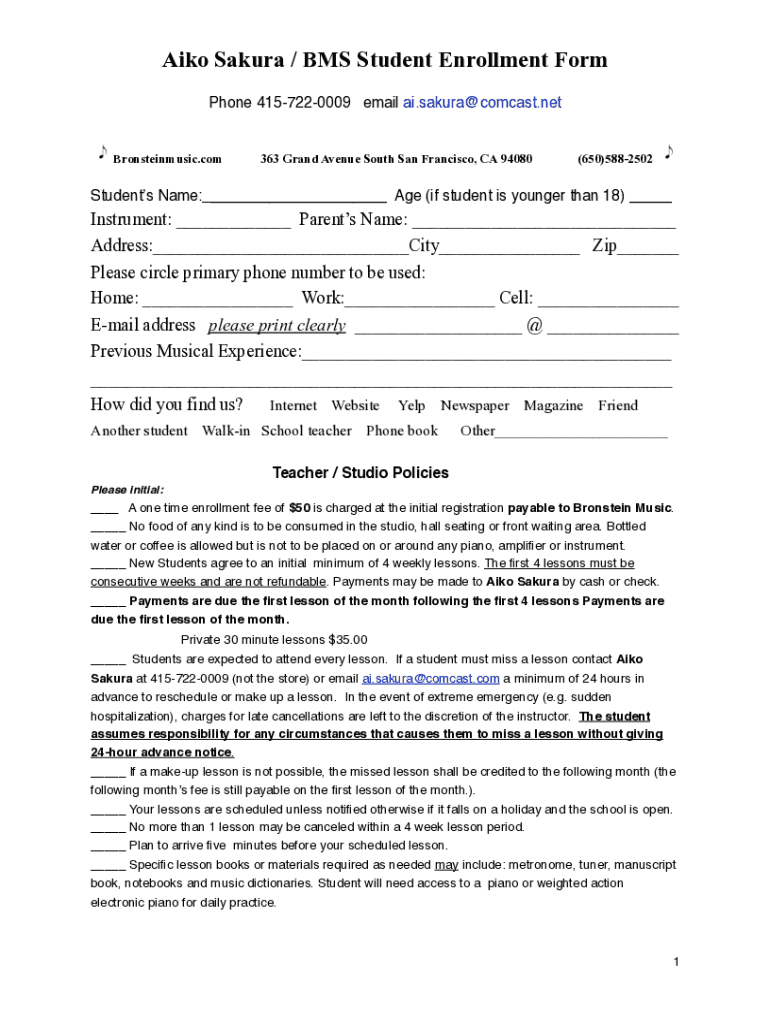Fillable Online Aiko Sakura / BMS Student Enrollment Form - Bryce ...