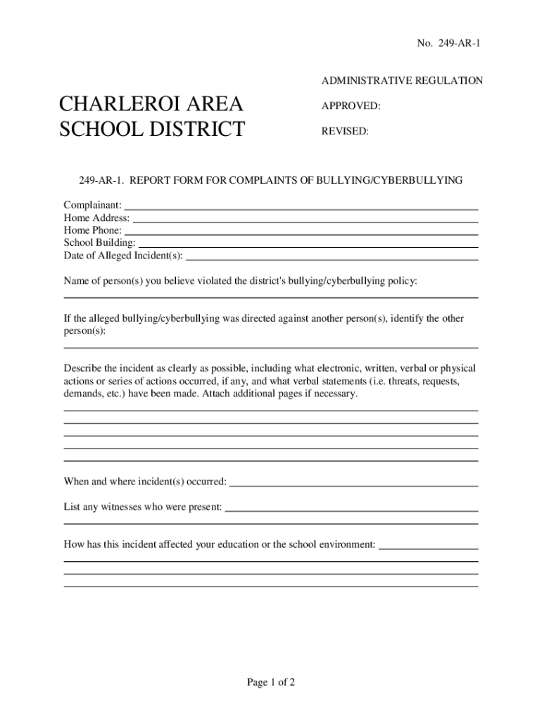 Fillable Online Student Services / Bullying and Cyberbullying ...