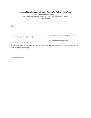 Fillable Online Parental Confirmation of Hours Driven for Behind the ...