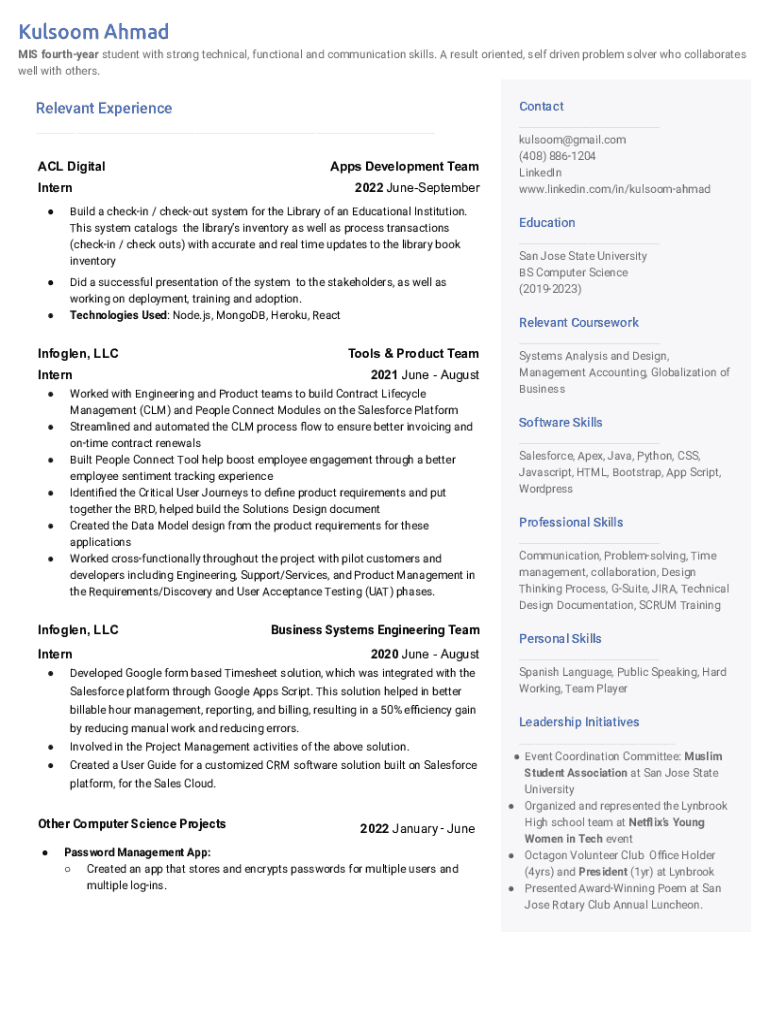 Fillable Online Kulsoom Ahmad Resume-v1.1 - SJSU COB Community Fax Email Print - pdfFiller