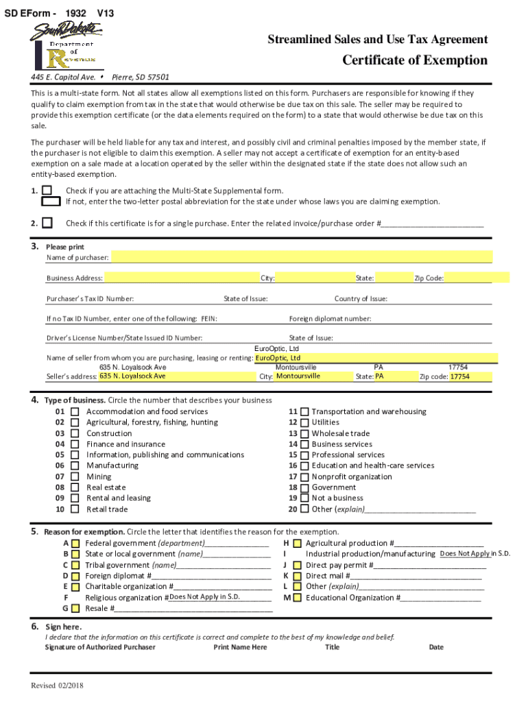 Fillable Online SD Streamlined Sales Use Tax Agreement/Certificate of ...