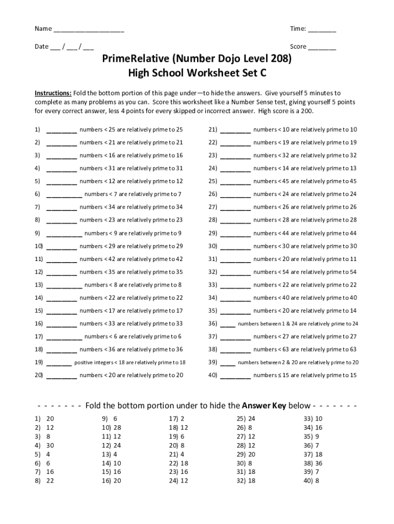 Fillable Online PrimeRelative (Number Dojo Level 208) High School ...