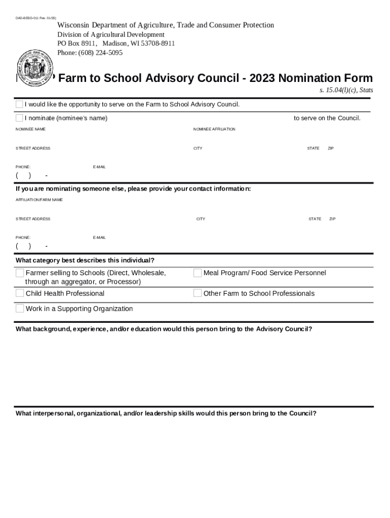 DATCP Farm to School Advisory Council Nomination - datcp wi Doc Template | pdfFiller