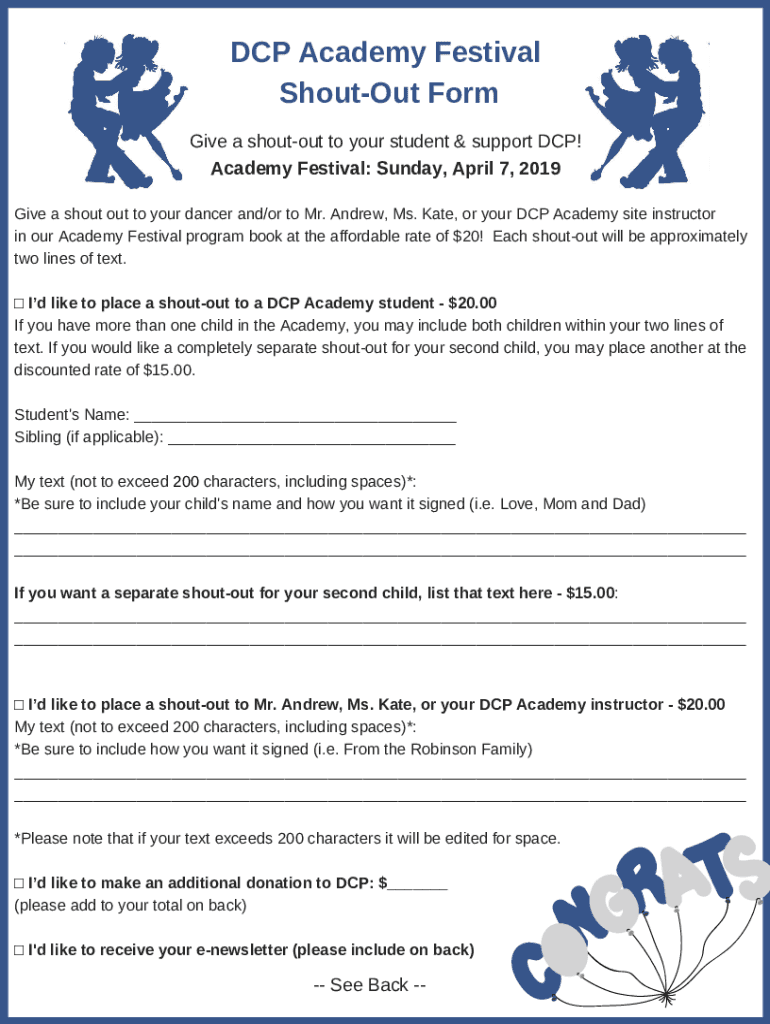 Fillable Online DCP Academy Festival Shout-Out Form Fax Email Print ...