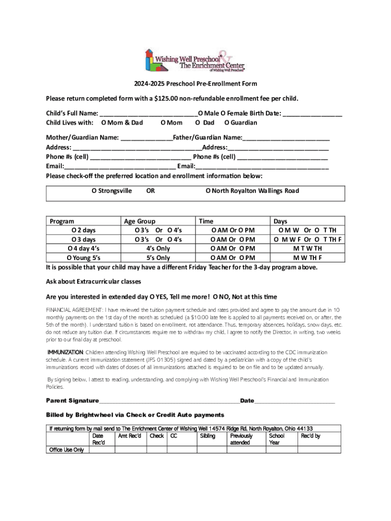 Fillable Online 2024-2025 Preschool Pre-Enrollment Form Fax Email Print ...
