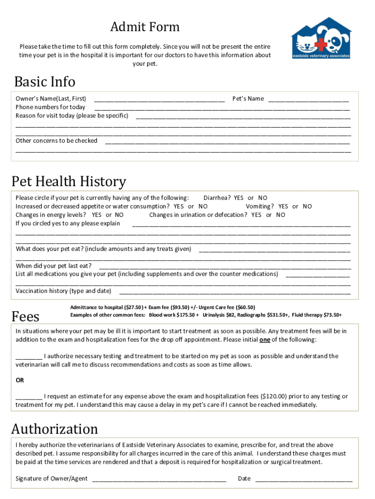 Fillable Online Basic Info Pet Health History Fees Authorization Fax ...