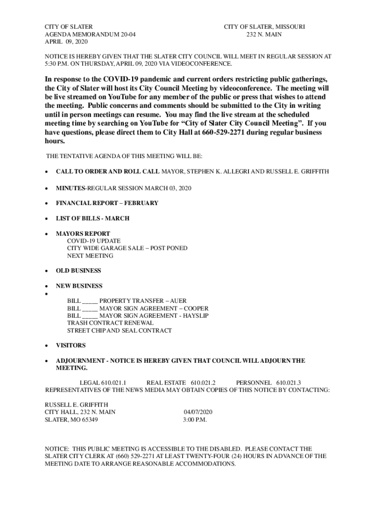 Fillable Online CITY OF SLATER CITY OF SLATER, MISSOURI Fax Email Print ...