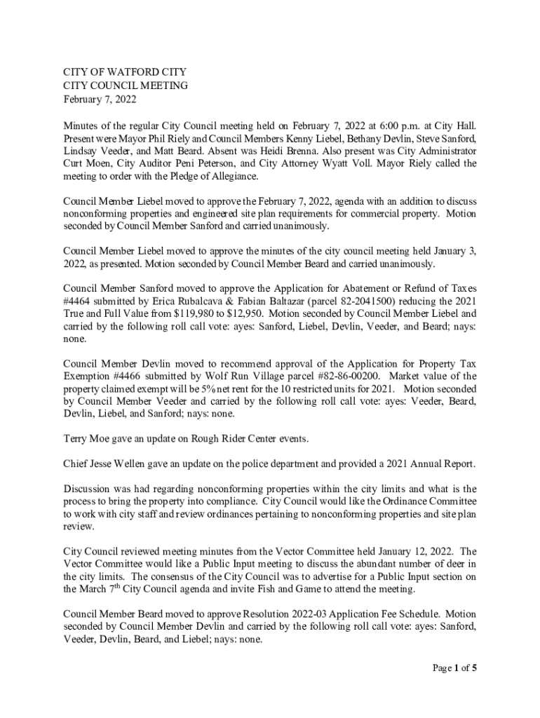 Fillable Online Present were Mayor Phil Riely and Council Members Kenny ...