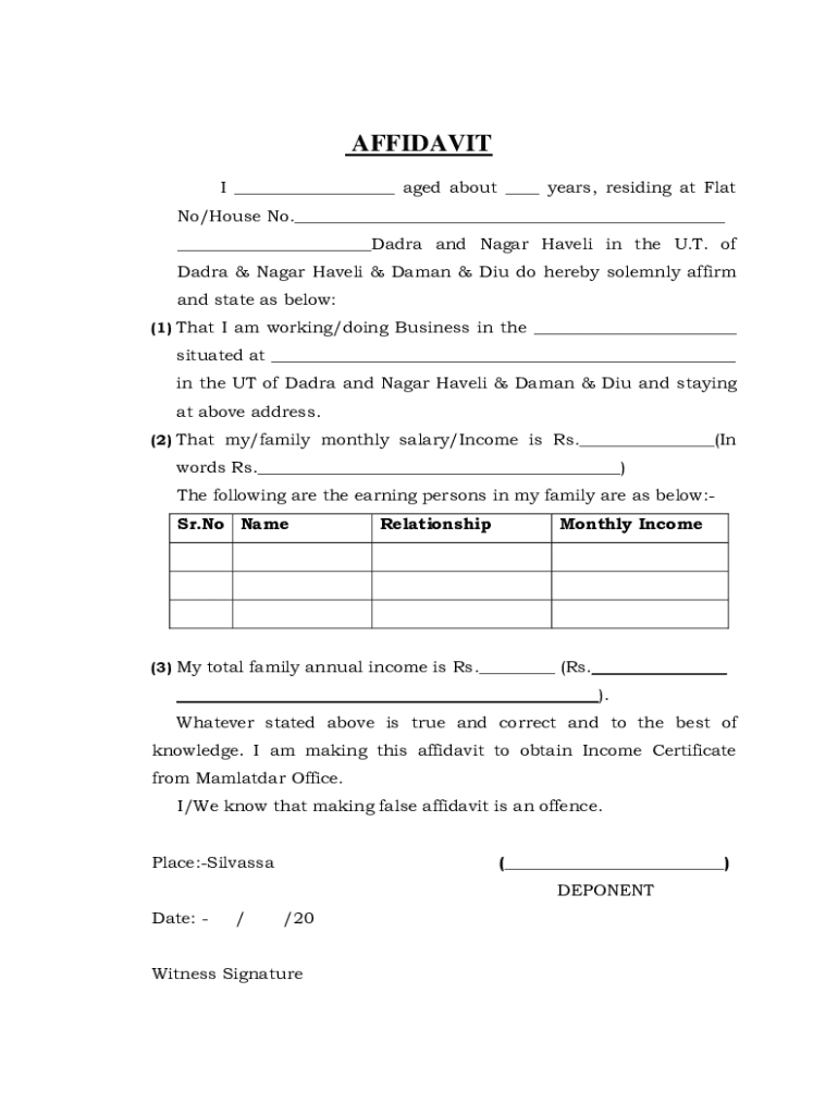 Fillable Online AFFIDAVIT - Revenue Department-DNH - Income Certificate ...