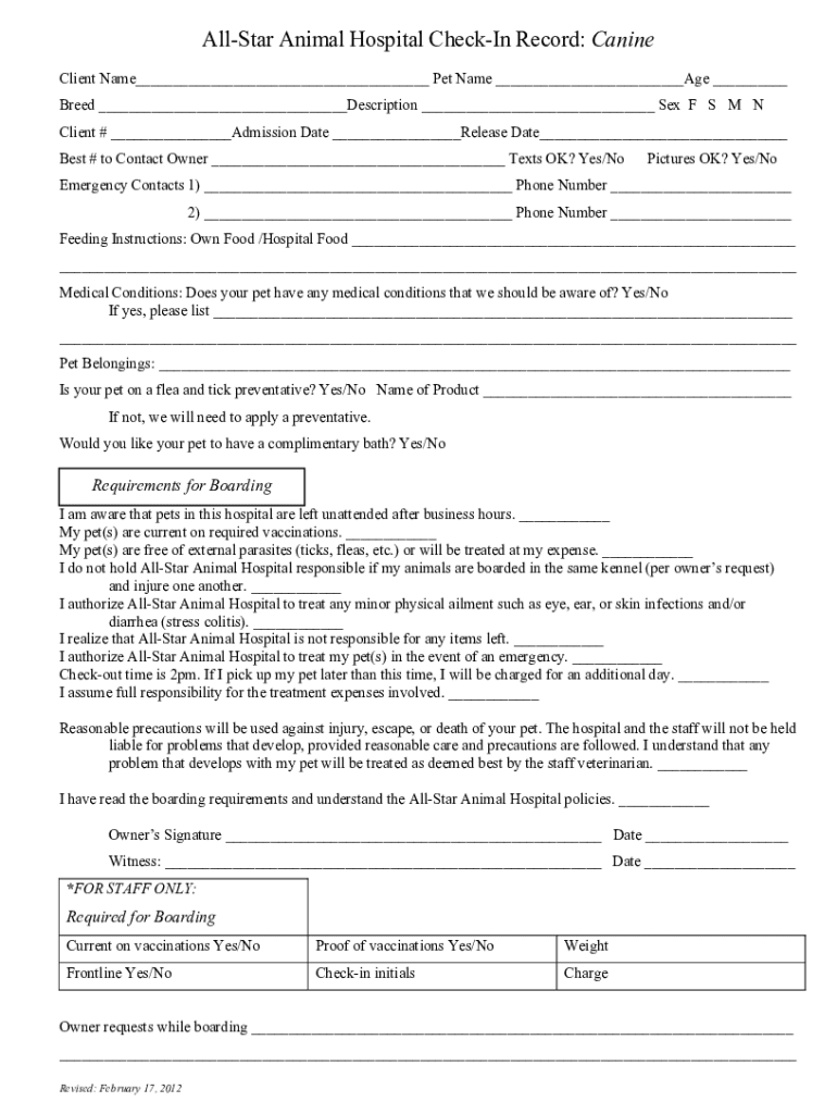 Fillable Online All-Star Animal Hospital Check-In Record: Canine Fax ...