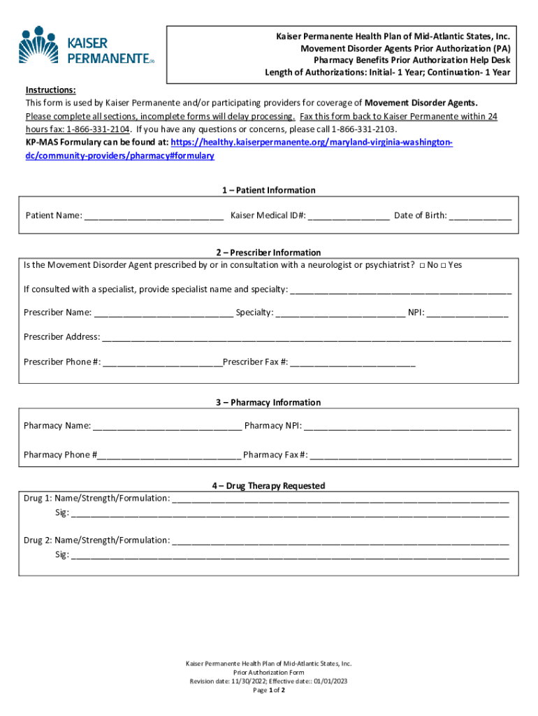 Fillable Online Prior Authorization (PA) Form for Movement Disorder ...