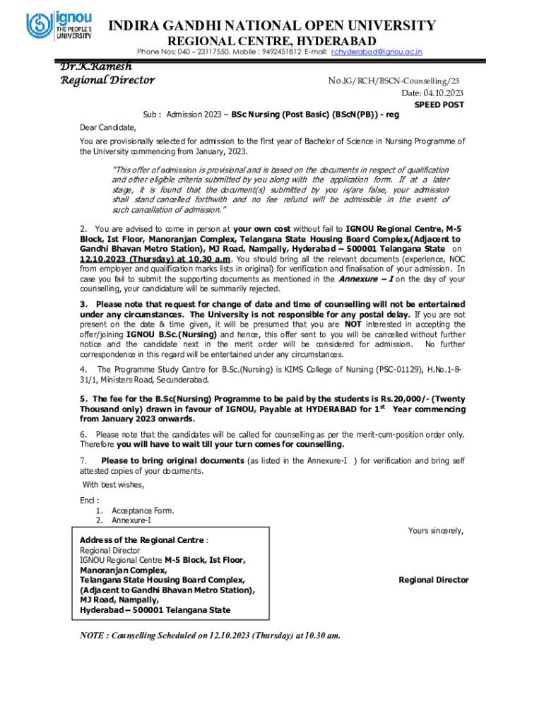 Fillable Online rchyderabad ignou ac Provisional Offer Letter and forms ...