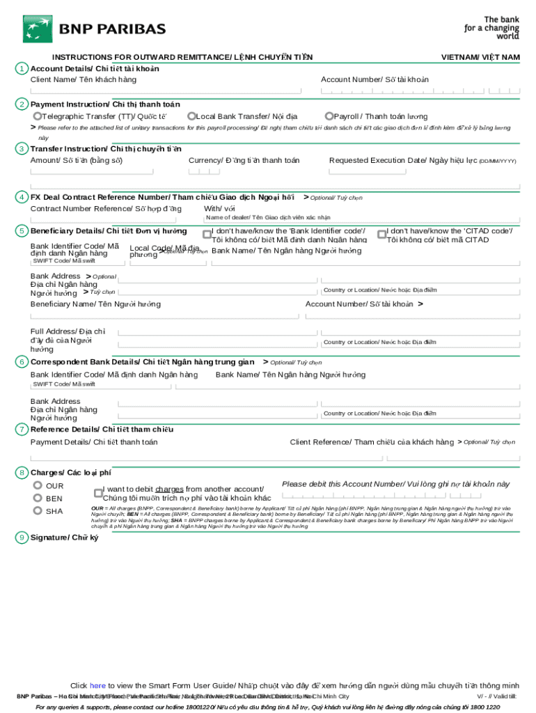 Fillable Online Remittance Application Form BNP (Vietnam). Outward ...
