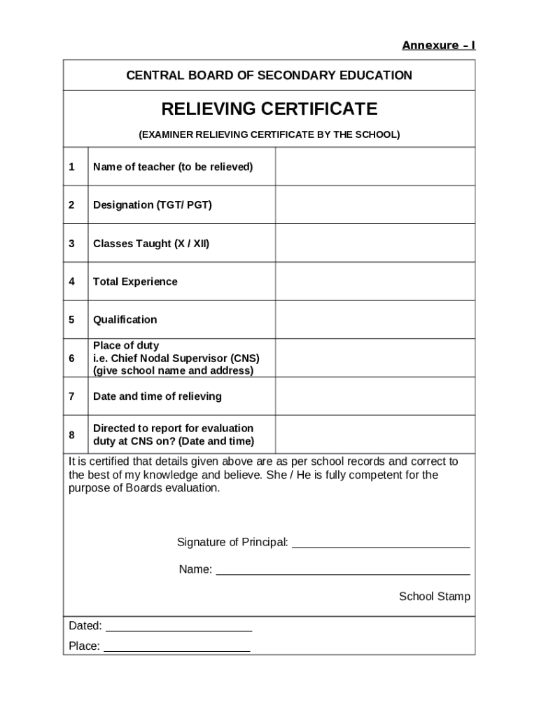 central board of secondary education relieving certificate Doc Template ...
