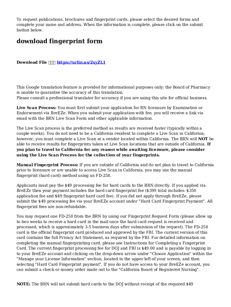 Fillable Online Publications, Brochures, and Fingerprint Card Request ...