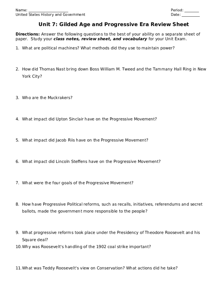 Unit 7: Gilded Age and Progressive Era Review Sheet Doc Template ...