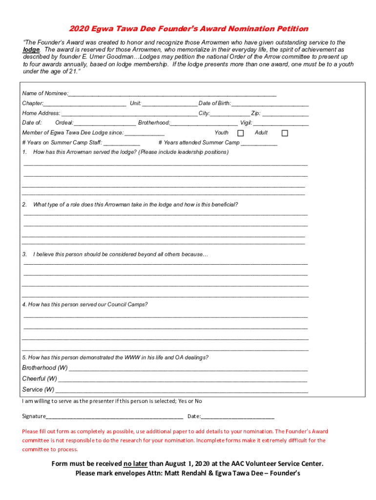 Fillable Online Founder's Award RecipientsSDIC Order of the Arrow Fax Email Print - pdfFiller