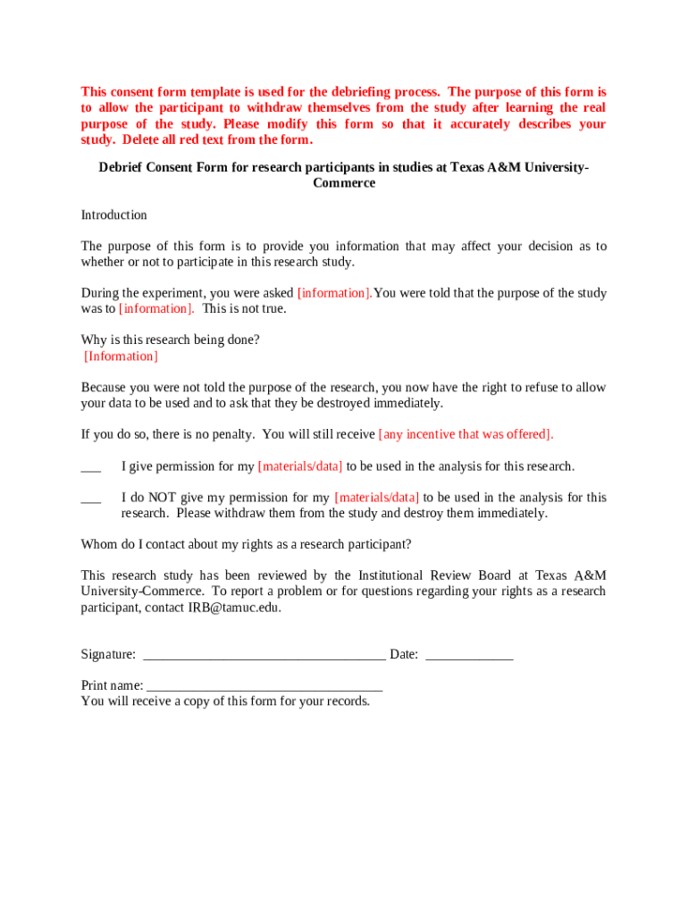 800.02 Template, Post De-Brief Consent Doc Template | pdfFiller