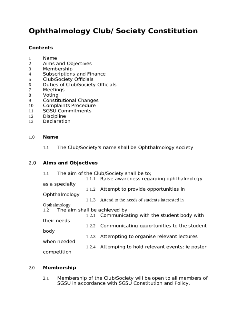 Ophthalmology Club/ Society Constitution Doc Template | pdfFiller