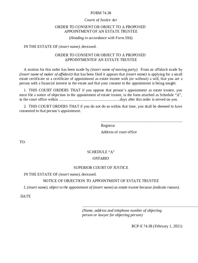 74.38 Order to Consent or Object to a Proposed ... - ontariocourts on ...