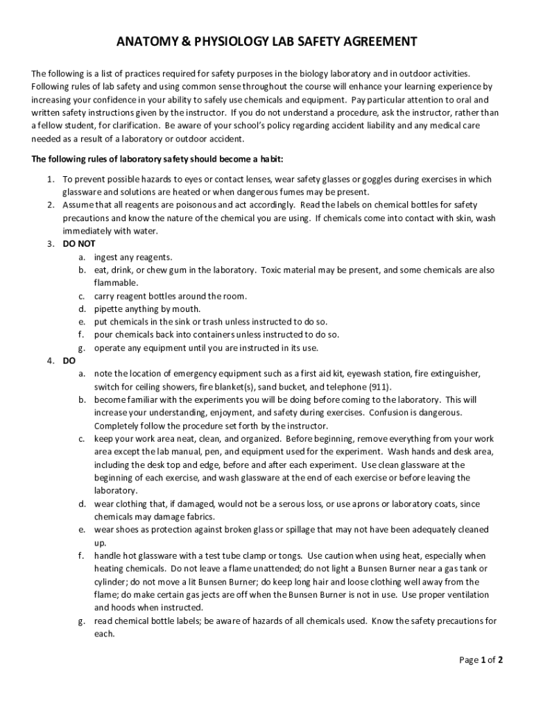 Fillable Online ANATOMY & PHYSIOLOGY LAB SAFETY AGREEMENT Fax Email ...