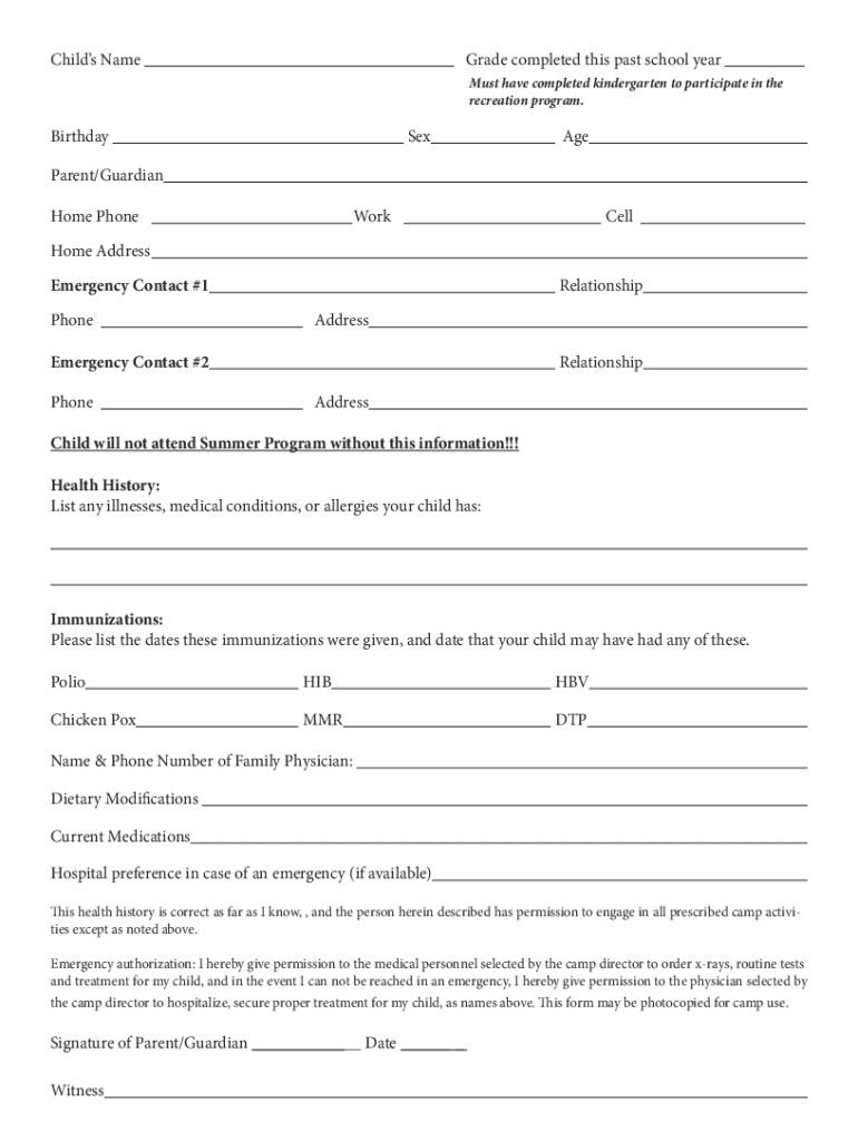 Fillable Online Child's Name Grade completed this past school year ...