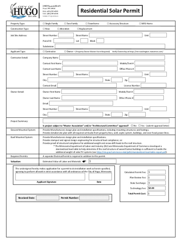 Fillable Online Residential Solar Permit - City of Hugo Fax Email Print ...