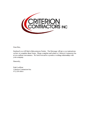 Fillable Online Dear Sirs, Enclosed you will find a Subcontractor ...