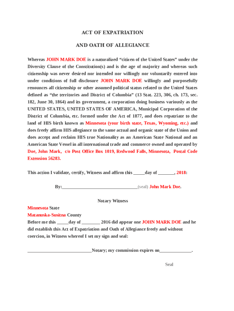 Example Act of Expatriation JOHN MARK DOE - RecSec Doc Template | pdfFiller