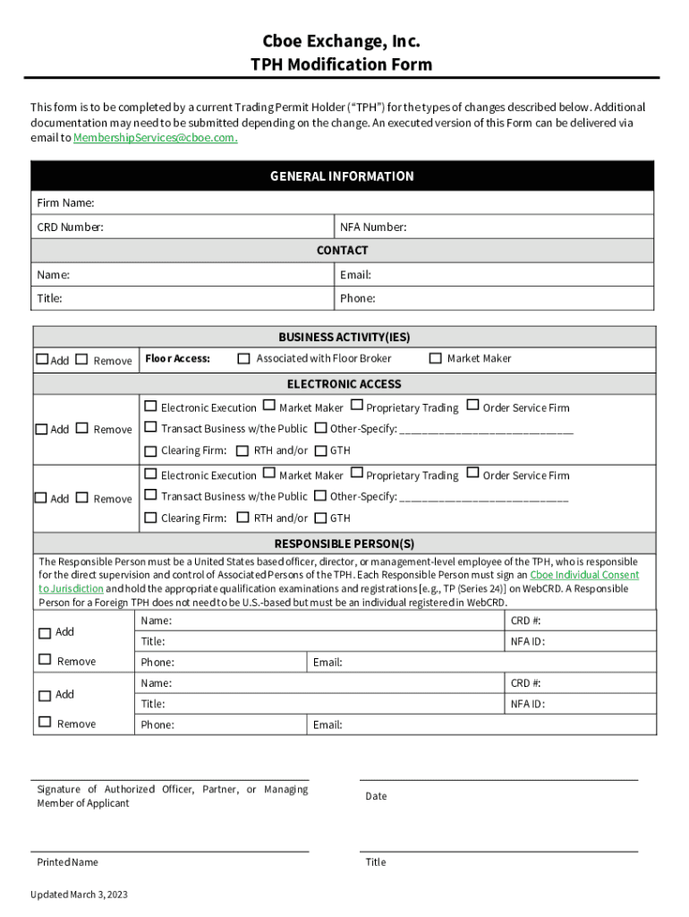 Fillable Online Cboe Exchange, Inc. TPH Modification Form Fax Email ...