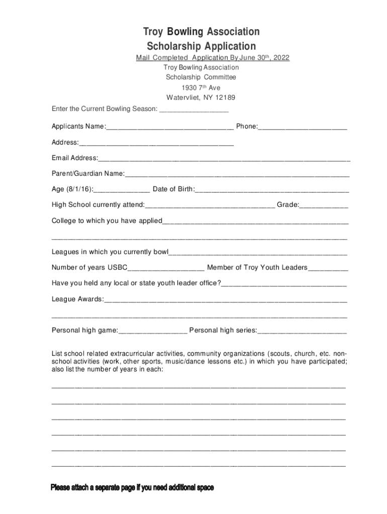 Fillable Online Troy Bowling Association Scholarship Application Fax ...