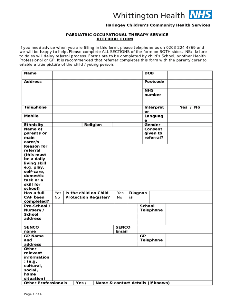 Haringey Children's Occupational Therapy Service Doc Template | pdfFiller